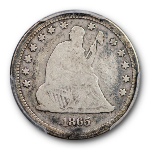 1865 Liberty Seated Quarter PCGS VG 8 Very Good Key Date Low Mintage