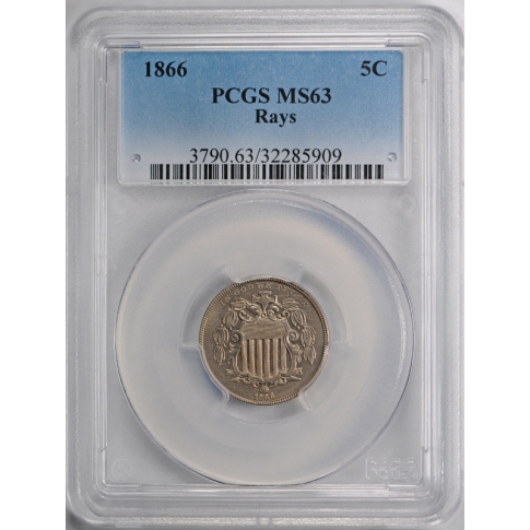 1866 5C With Rays Shield Nickel PCGS MS 63 Uncirculated Sharp