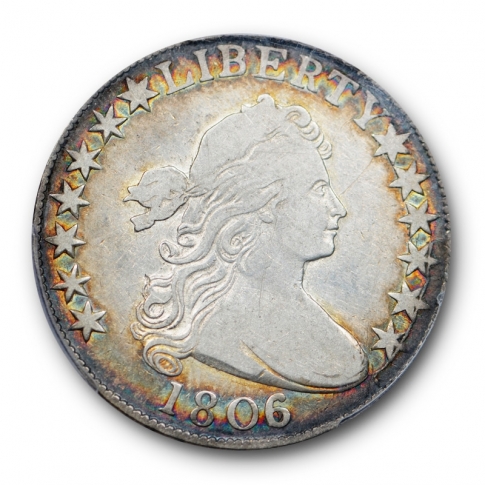 1806/5 50C Draped Bust Half Dollar PCGS F 15 Rainbow Toned Obverse O-104 A