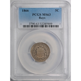 1866 5C With Rays Shield Nickel PCGS MS 63 Uncirculated Sharp