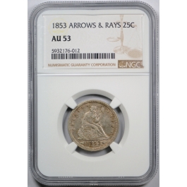 1853 25c Seated Liberty Quarter NGC AU 53 About Uncirculated to MS Arrows & Rays