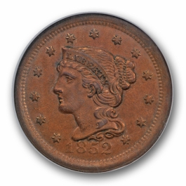 1852 1C Braided Hair Cent NGC AU 58 About Uncirculated to Mint State