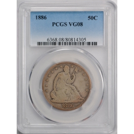 1886 50C Liberty Seated Half Dollar PCGS VG 8 Very Good Low Mintage